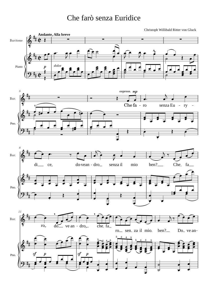 Che farò senza Euridice from Orpheus – Christoph Willibald Gluck Sheet music for Piano, Baritone ...