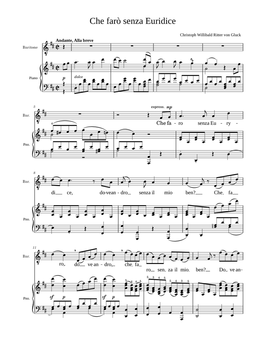 Che farò senza Euridice from Orpheus – Christoph Willibald Gluck Sheet music for Piano, Baritone ...