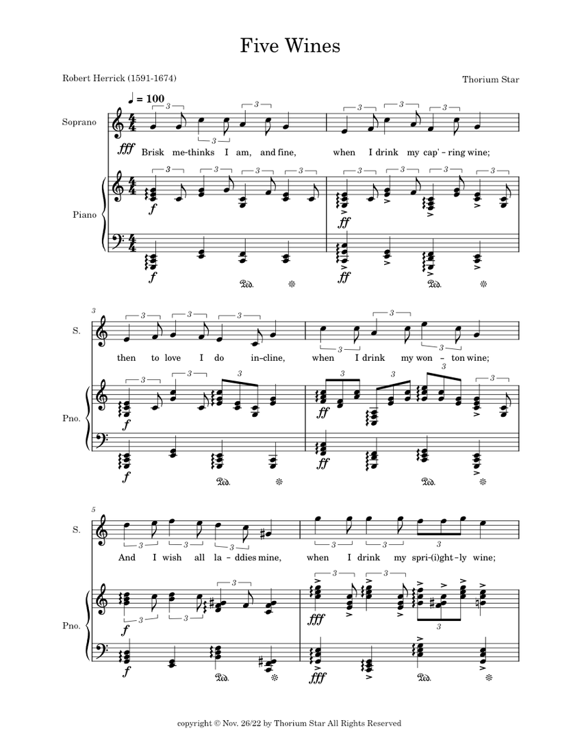 Five Wines Sheet music for Piano, Soprano (Piano-Voice) | Musescore.com