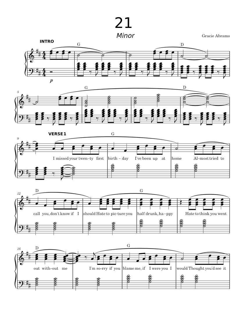 21 – Gracie Abrams Sheet music for Piano, Voice (other) (Solo ...