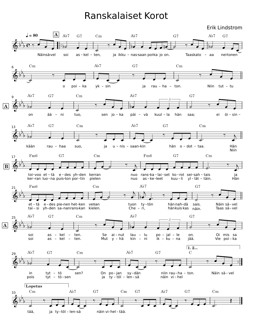 Ranskalaiset korot - ERIK LINDSTRÖM Sheet Music for Synthesizer (Solo ...