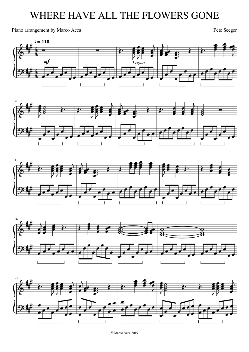 WHERE HAVE ALL THE FLOWERS GONE Sheet music for Piano (Solo) Easy ...