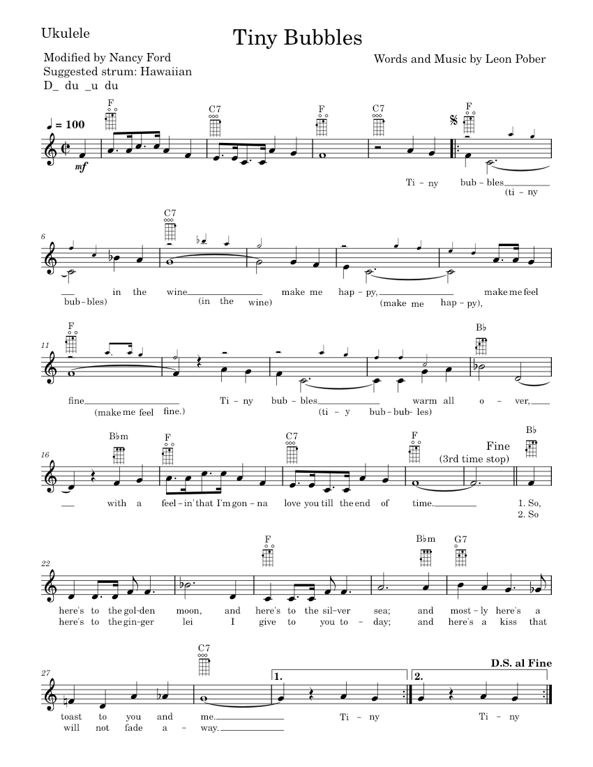 Tiny Bubbles - Leon Pober (Ukulele) Sheet Music for Piano (Solo) Easy ...