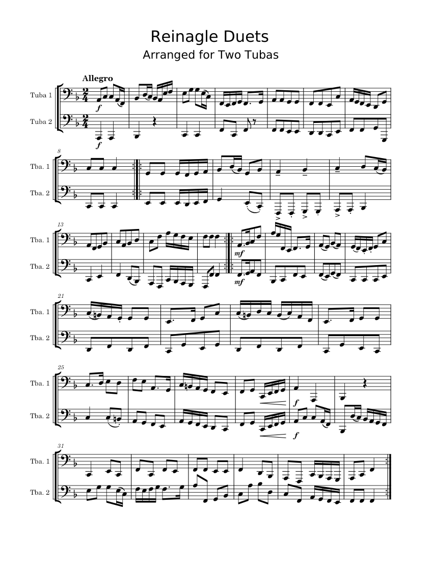 Reinagle Duets for 2 Tubas - Joseph Reinagle Sheet music for Tuba (Brass Duet) | Musescore.com
