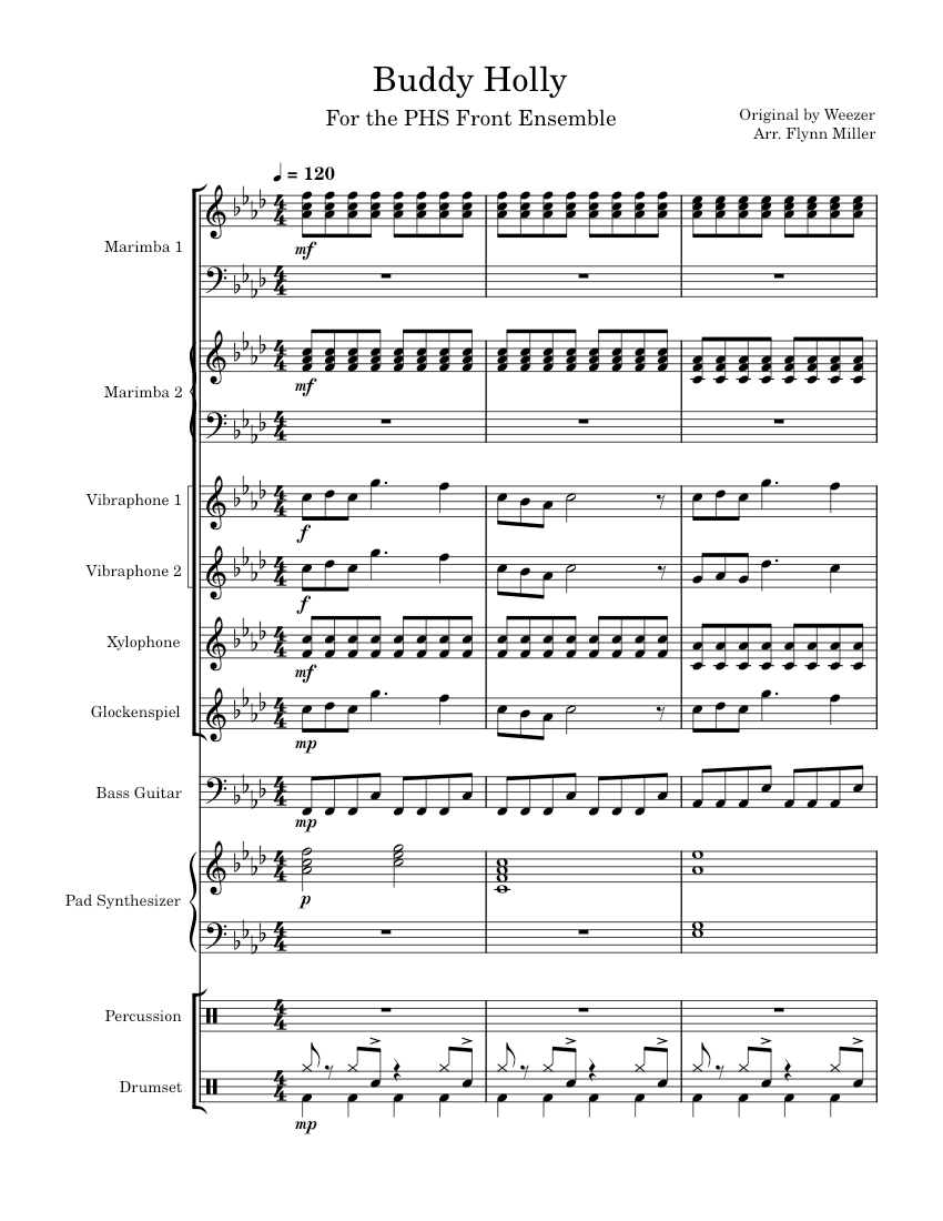Buddy Holly – Weezer Front Ensemble Lot Tune Sheet Music for Vibraphone ...