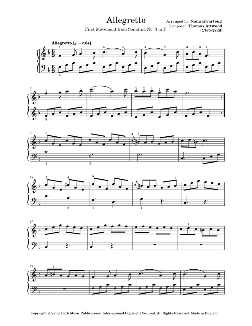 Sonatina No.3 in F – Thomas Attwood Allegretto - Sonatina No. 3 in F – Thomas Attwood Sheet ...