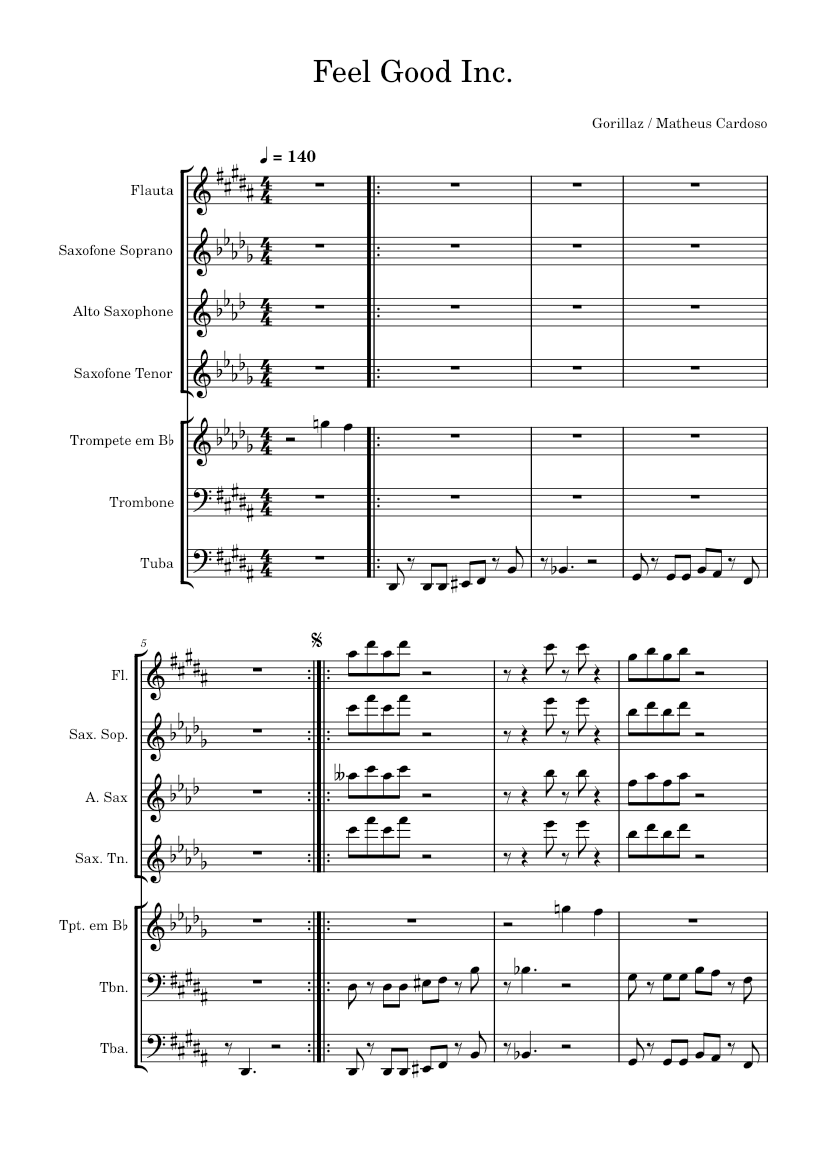 Feel Good Inc. Sheet Music for Trombone, Tuba, Flute, Saxophone alto ...