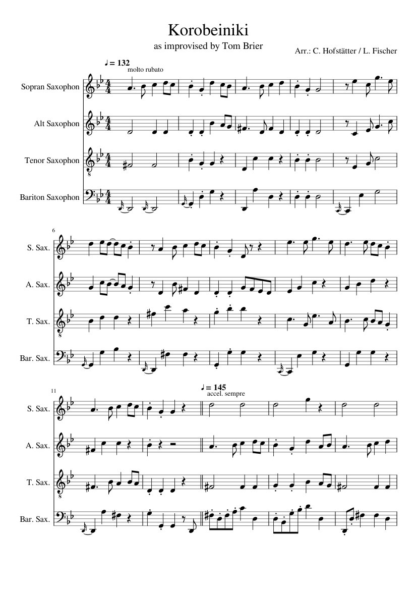 Korobeiniki (as improvised by Tom Brier) Sheet music for Saxophone alto, Saxophone tenor ...