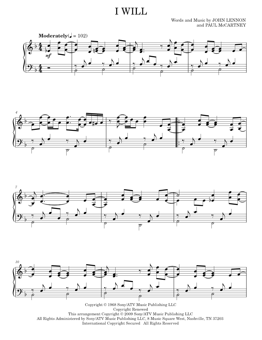 Play Official version of I will Sheet Music by The Beatles for Piano ...