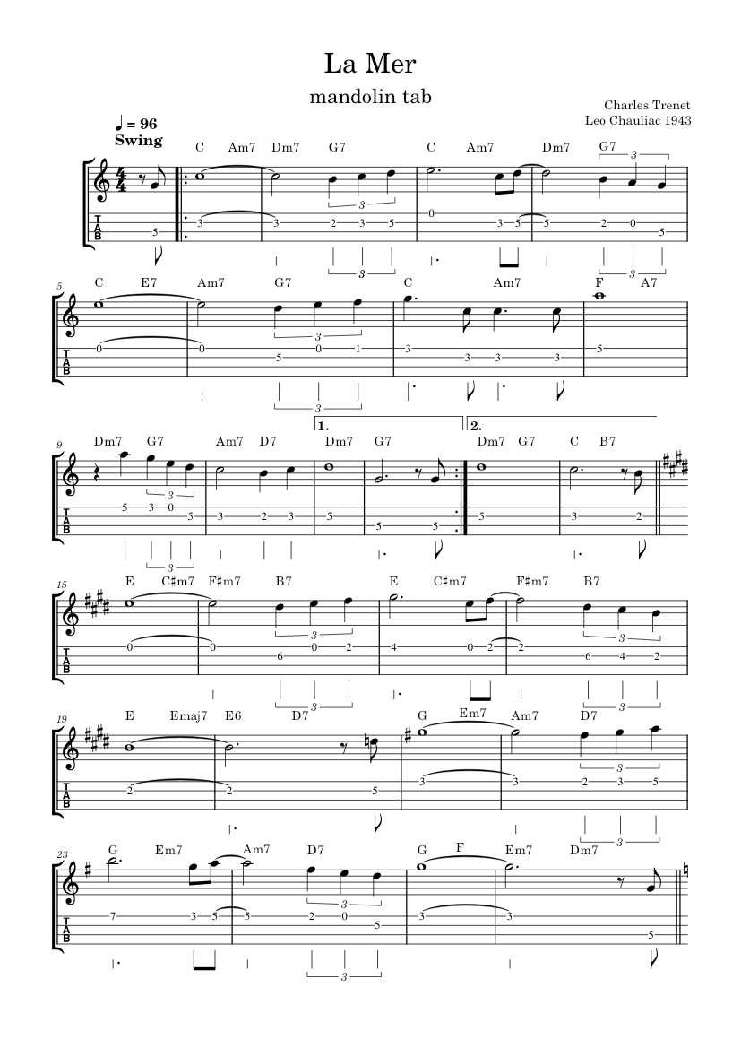 La Mer – Charles Trenet - mandolin tab Sheet Music with Chords for ...