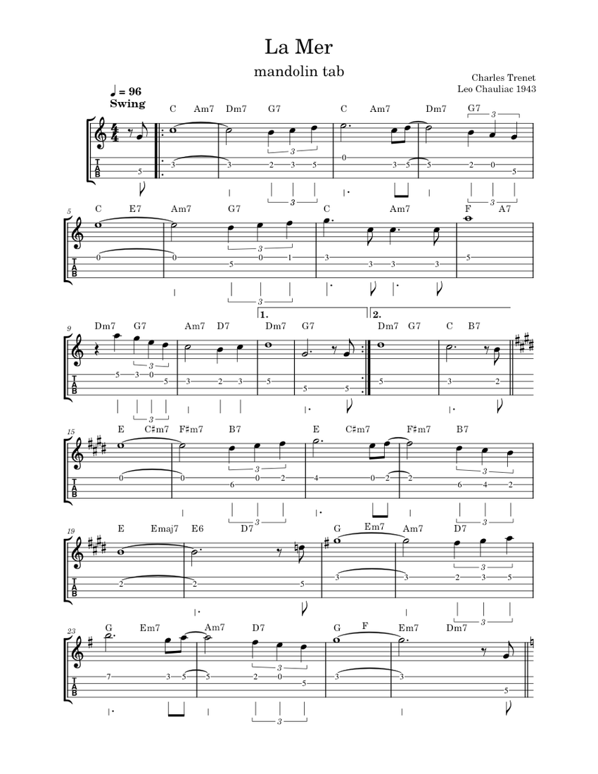 La Mer – Charles Trenet - mandolin tab Sheet music for Mandolin (Solo ...