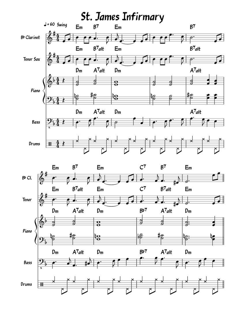 St. James Infirmary Sheet music for Piano, Clarinet in b-flat, Saxophone tenor, Bass guitar ...