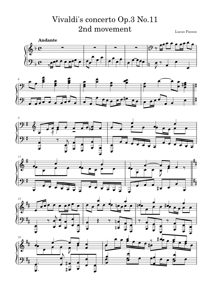 Vivaldi - Concerto Op.3 No.11 2nd movement arrangement for piano Sheet ...