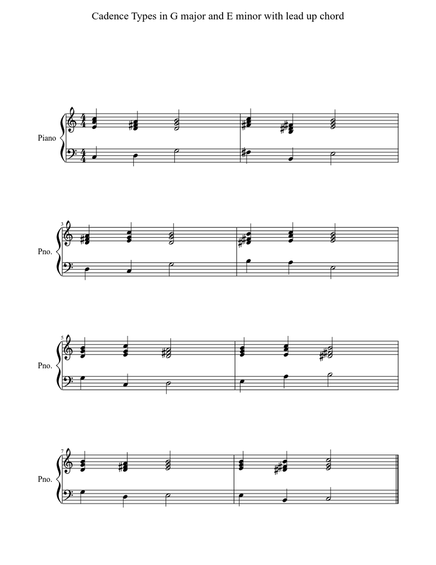 Cadence Types in G major and E minor with lead up chord Sheet music for ...
