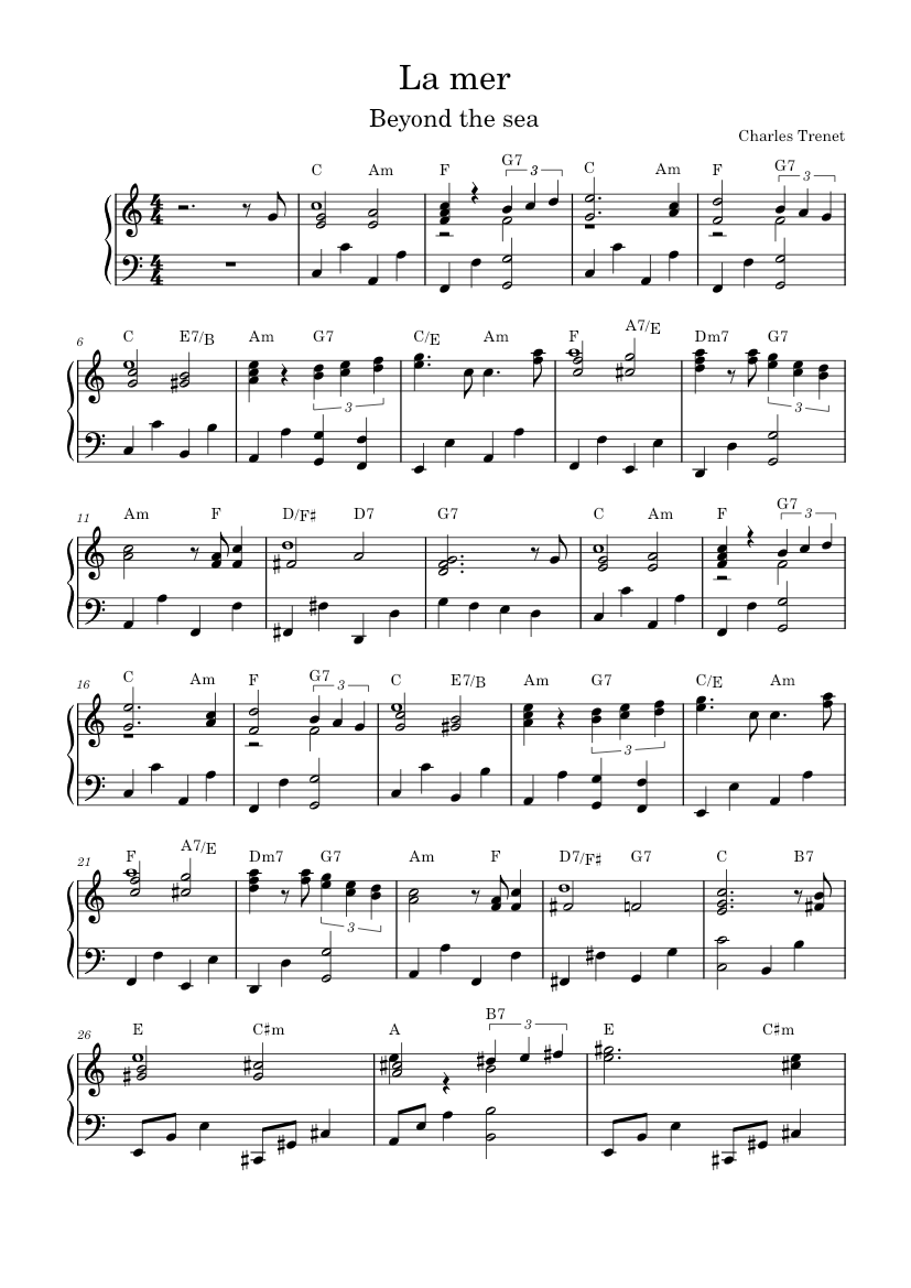 La mer (Beyond the sea)- Charles Trenet Sheet Music with Chords for ...