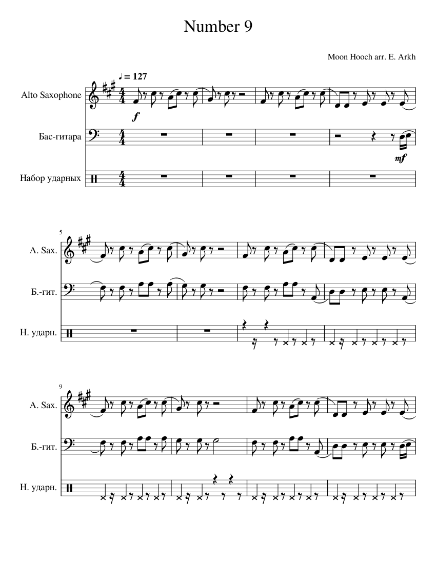 Moon Hooch - Number 9 Sheet music for Saxophone alto, Bass guitar, Drum ...