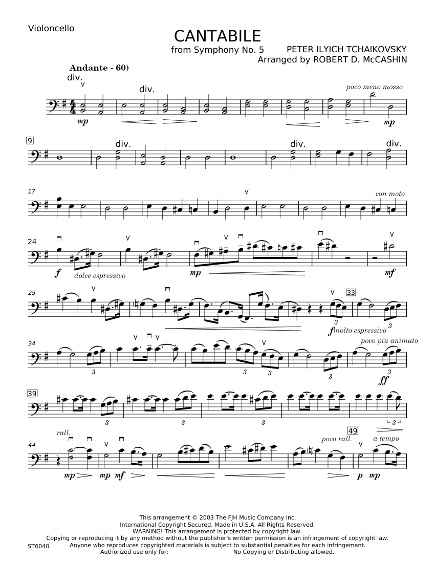 Andante cantabile - Pyotr Ilyich Tchaikovsky Sheet Music for Cello ...