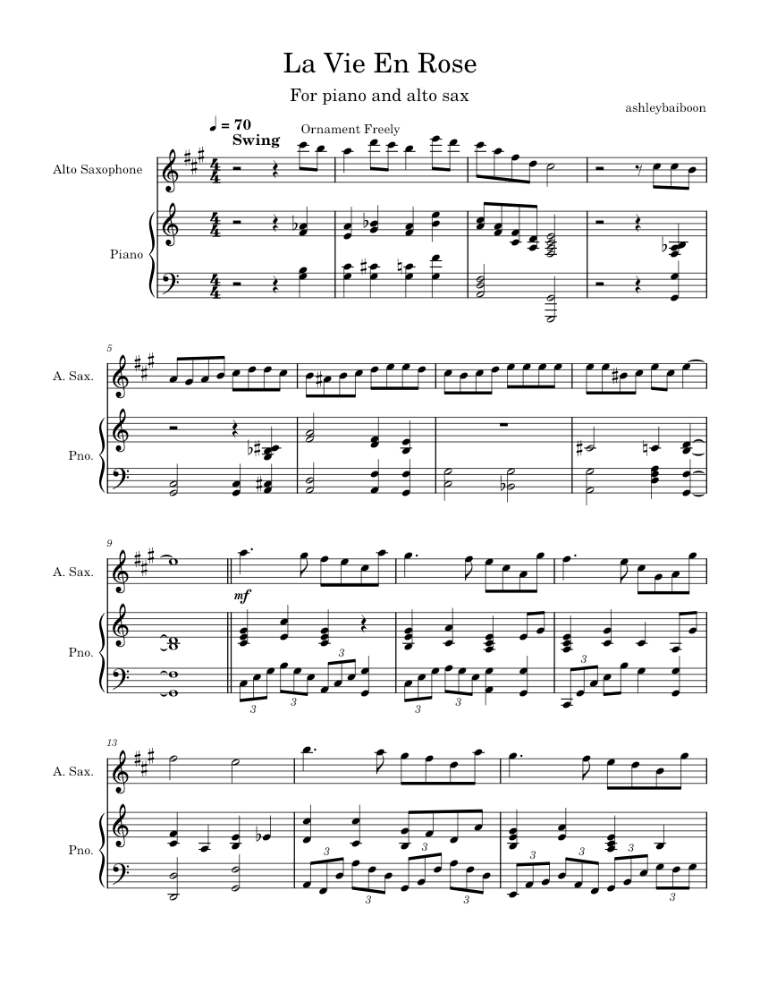 La vie en rose – Édith Piaf La Vie En Rose - piano and alto sax Sheet ...