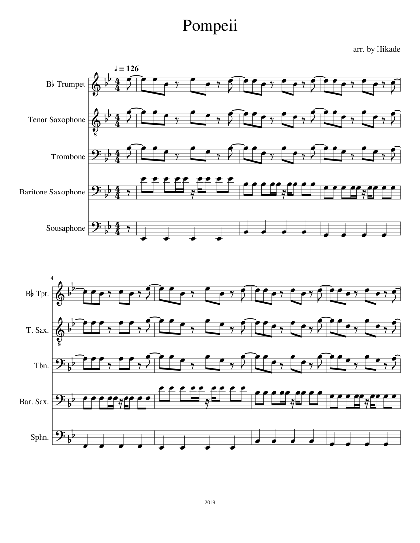 Pompeii Sheet music for Trombone, Saxophone tenor, Saxophone baritone, Trumpet in b-flat & more ...