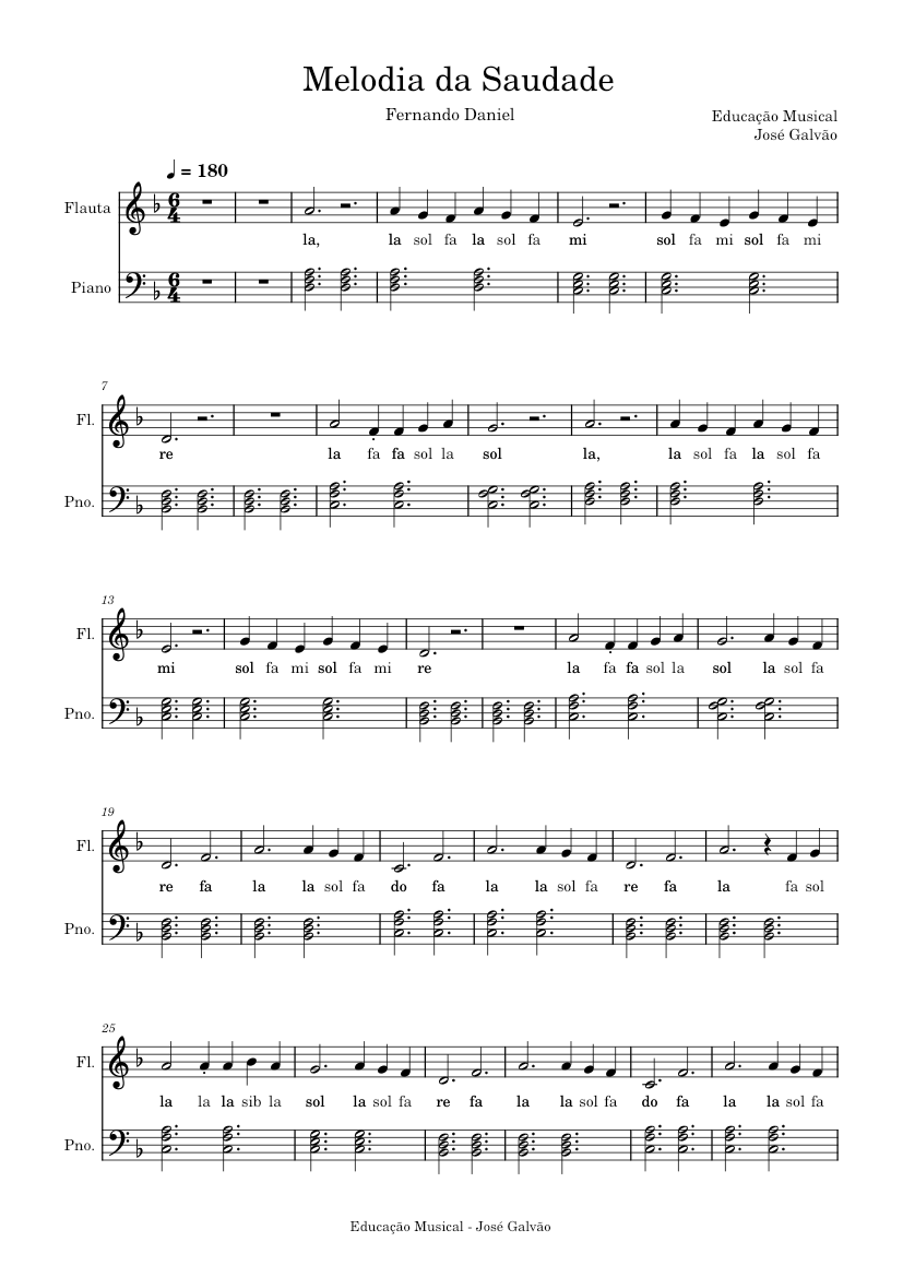 Melodia da Saudade – Fernando Daniel - Partitura Piano e Flauta ...