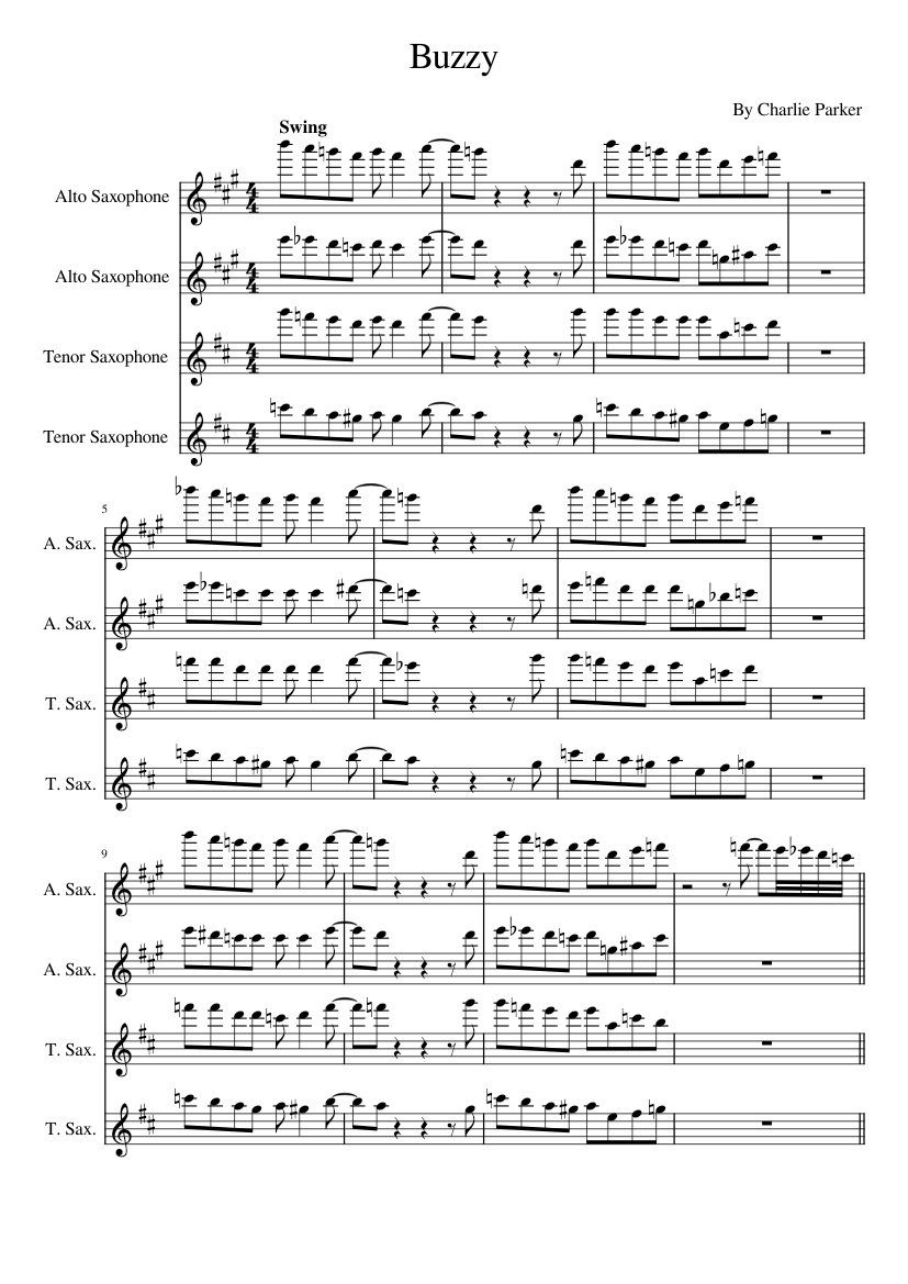 Buzzy – Charlie Parker for 4 Saxophones Sheet music for Saxophone alto ...