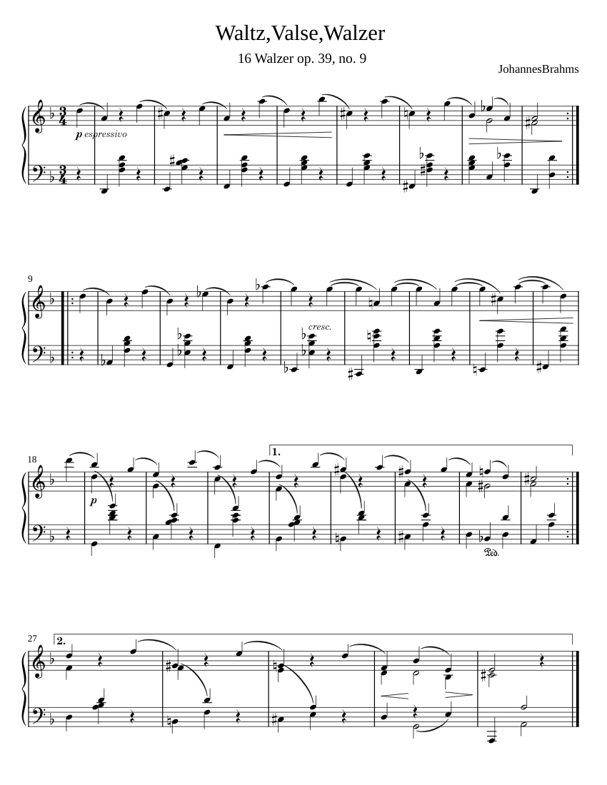 Waltz, Valse, Walzer - Johannes Brahms Sheet music for Piano (Solo) Easy | Musescore.com