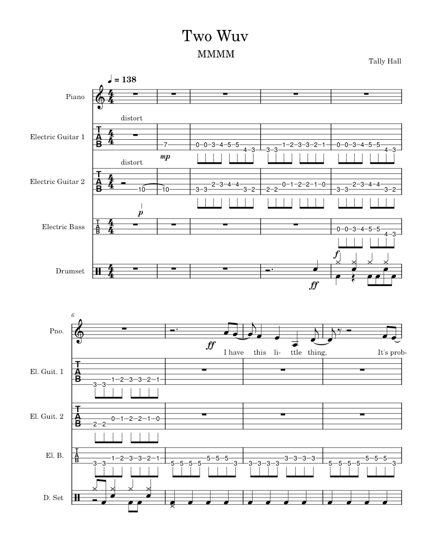 Two wuv – Tally Hall Sheet music for Piano, Guitar, Bass guitar, Drum ...
