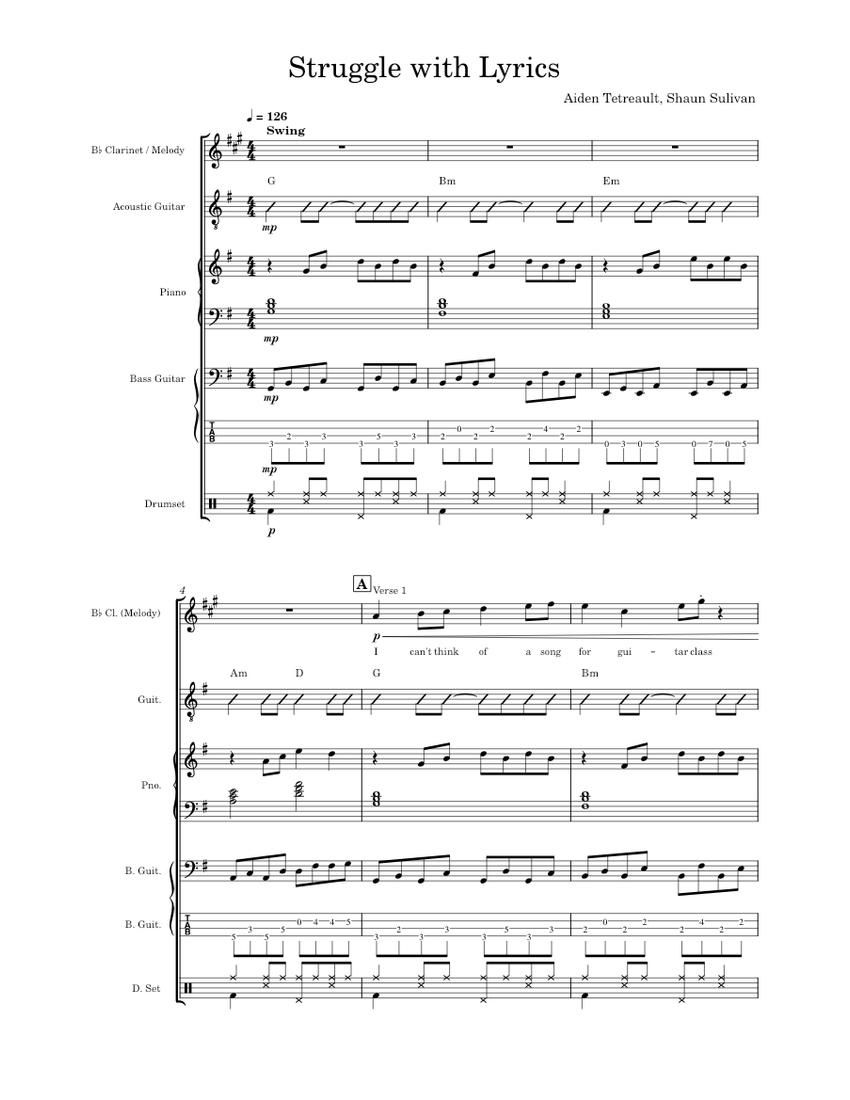 Struggle With Lyrics - Aiden Tetreault / Shaun Sullivan Sheet music for ...