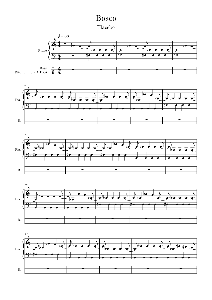 Bosco – Placebo Sheet Music and Tab for Piano, Bass guitar (Mixed Duet ...