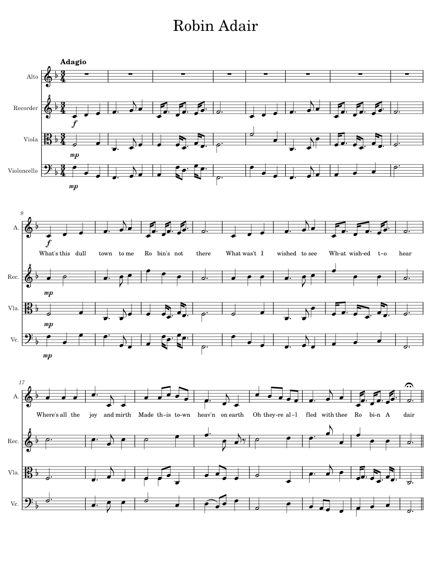 Robin Adair Sheet music for Alto, Viola, Cello, Recorder (String ...