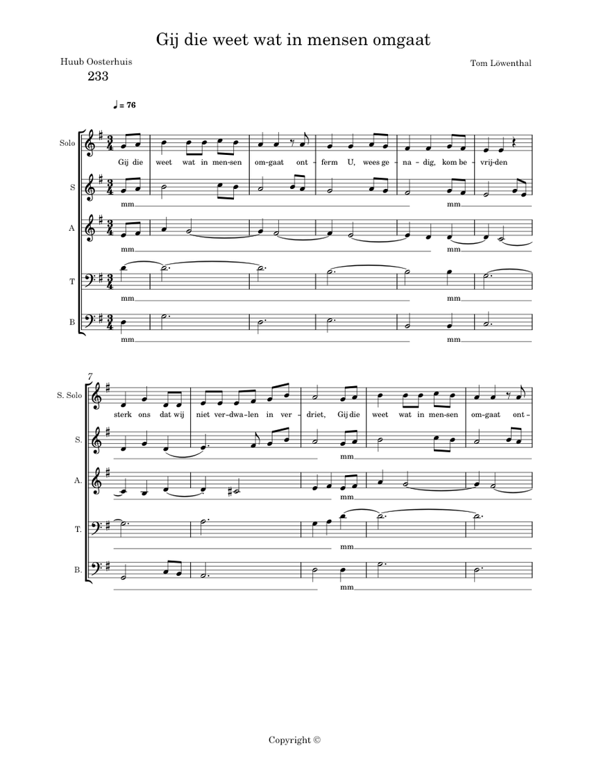 Lied 0233 Gij die weet wat in mensen omgaat SATB Sheet music for Piano ...