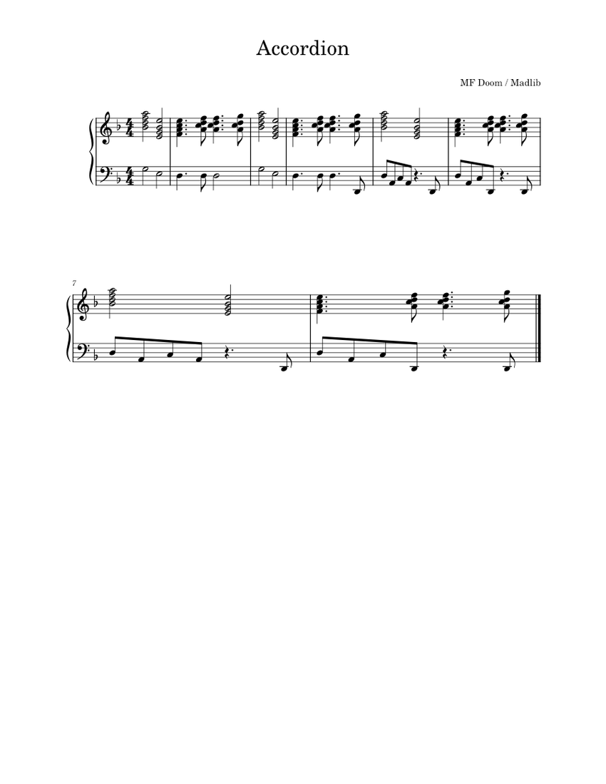 Accordion by MF Doom/Madlib Sheet music for Piano (Solo) Easy ...