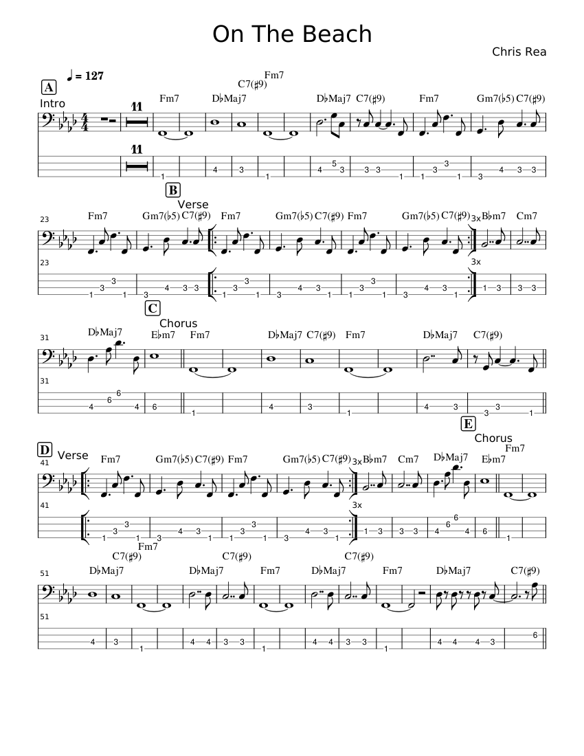 On the beach - Chris Rea Sheet Music and Tab with Chords for Bass ...