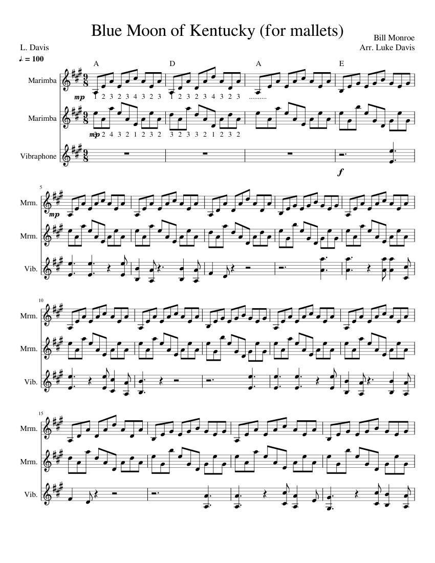 Blue Moon of Kentucky - Bill Munroe Sheet music for Vibraphone, Marimba ...