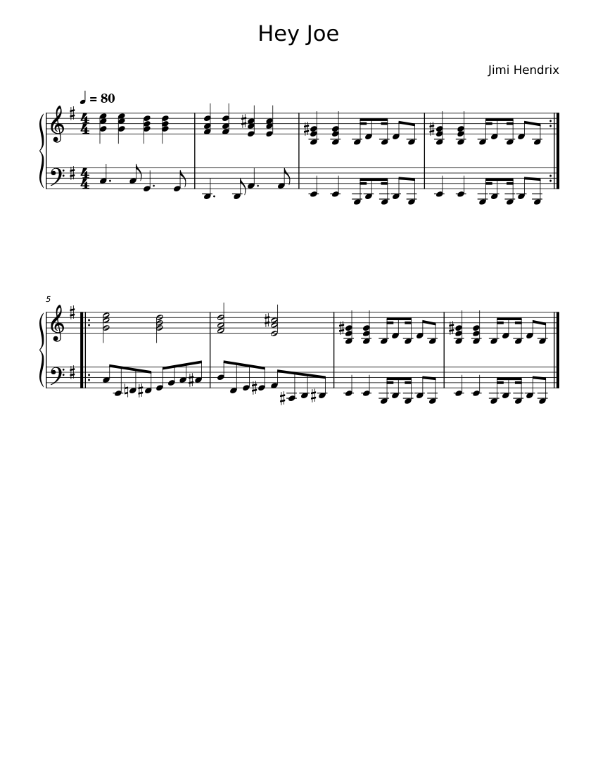 Hey joe - Jimi Hendrix Sheet music for Piano (Piano Duo) | Musescore.com