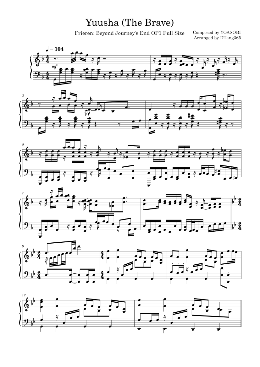 勇者 – YOASOBI (Frieren Beyond Journey's End OP, Full Size) Sheet music for Piano (Solo ...
