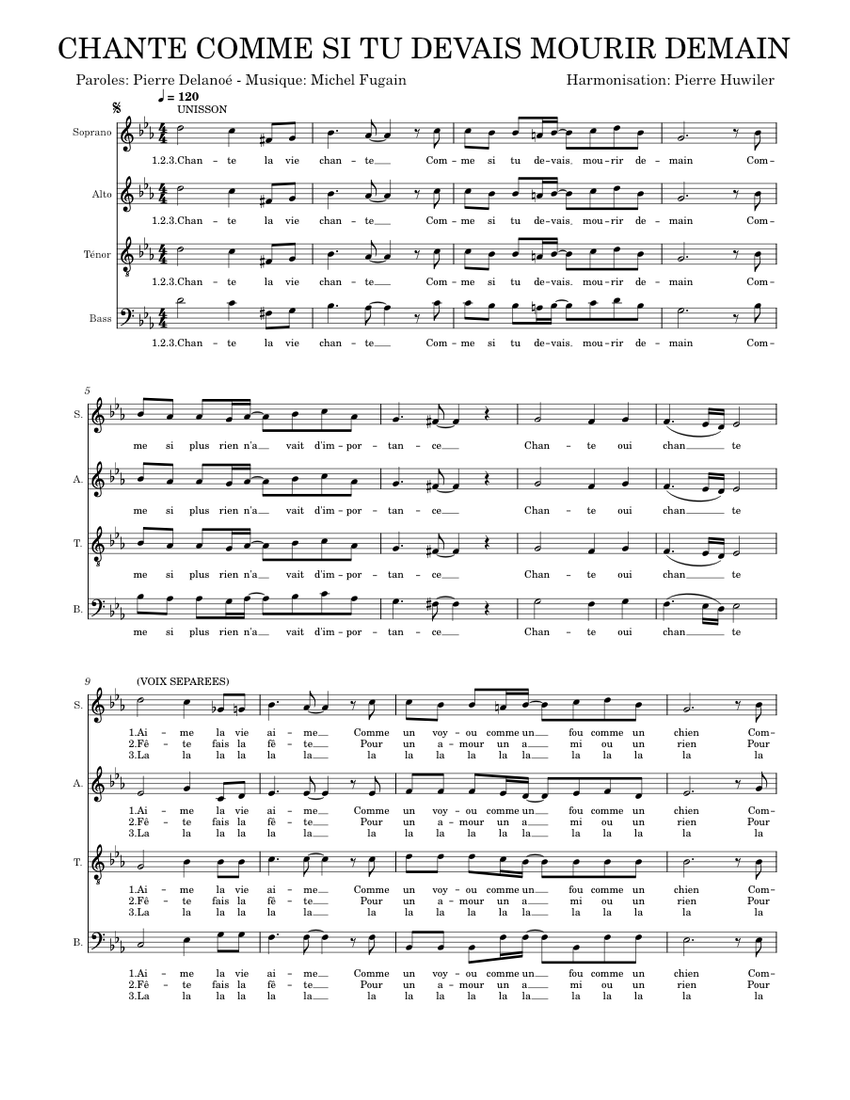 Chante comme si tu devais mourir demain – Michel Fugain Sheet music for ...