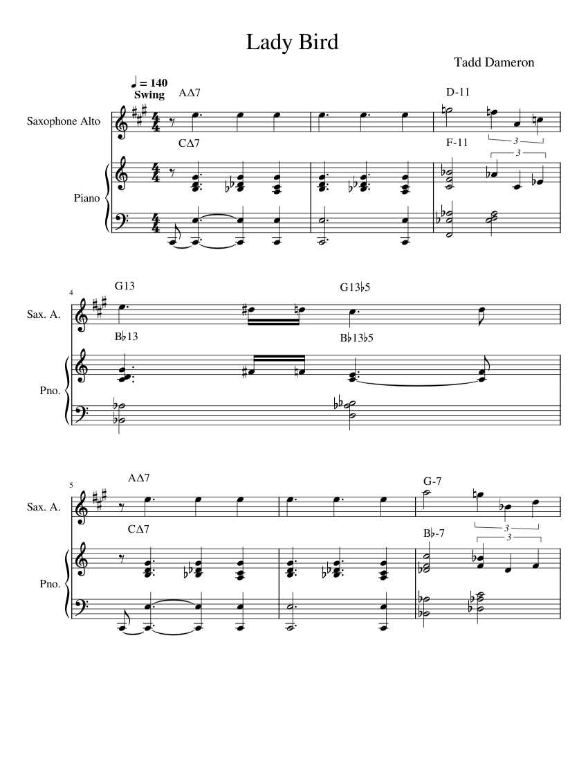 Lady Bird Sheet music for Piano, Saxophone alto (Mixed Duet ...