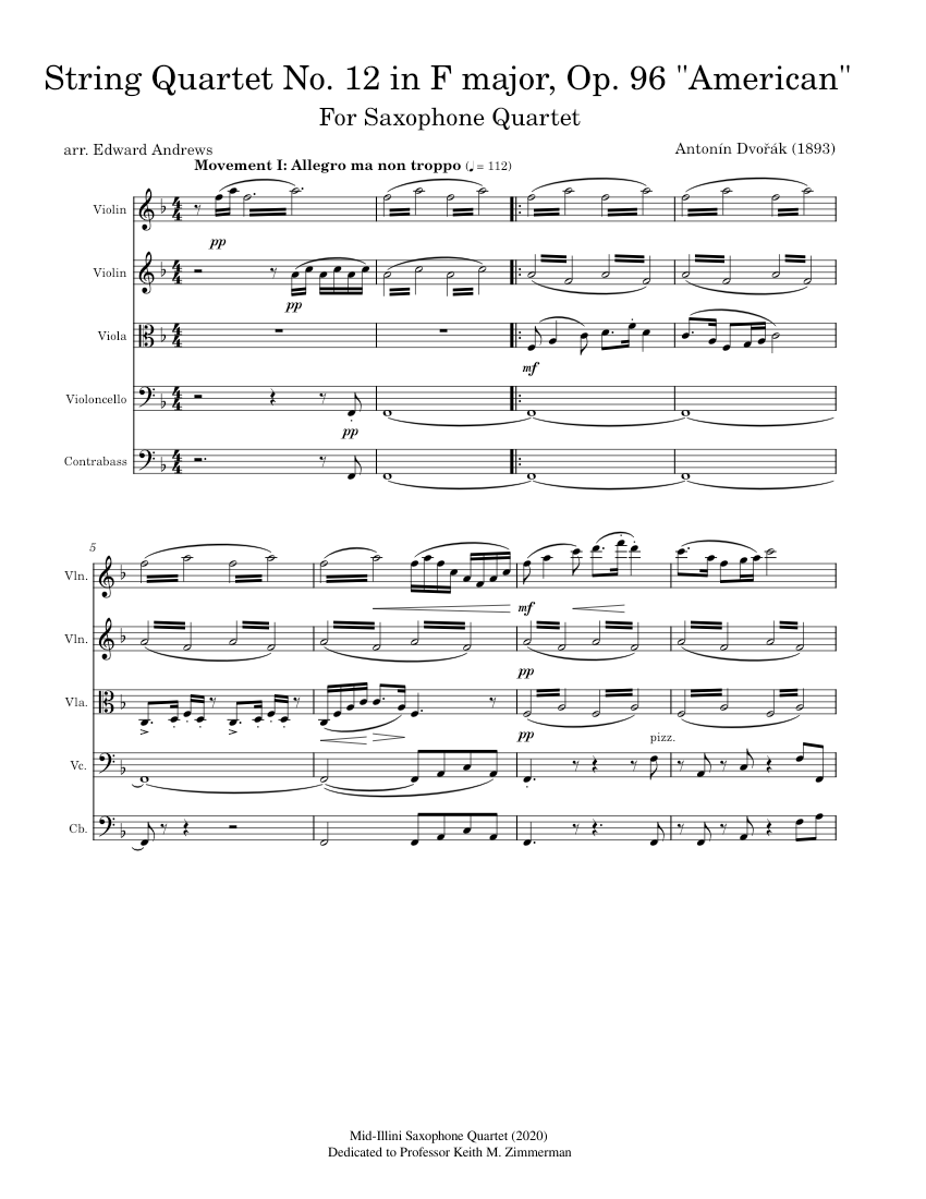 String Quartet No.12, Op.96 (“American”) – Antonín Dvořák Dvorak American w Bass Sheet music for ...