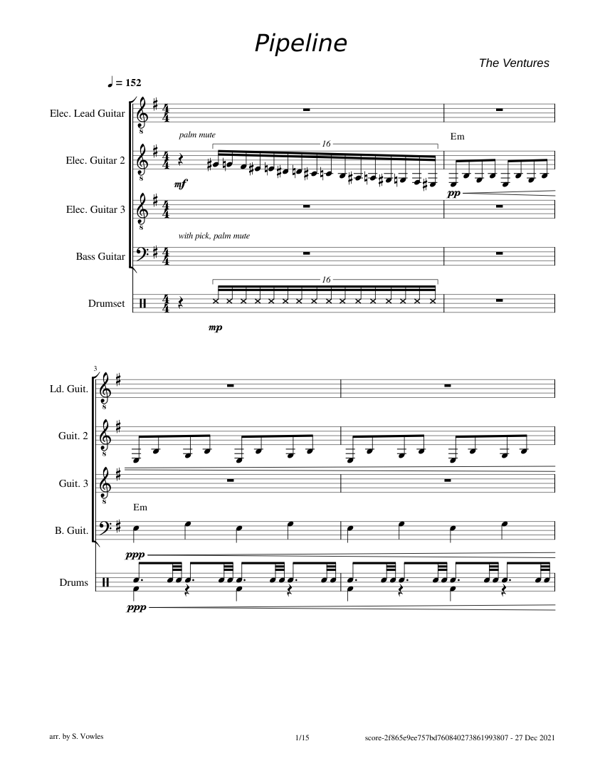 Pipeline (Ventures) Sheet music for Guitar, Bass guitar, Drum group ...