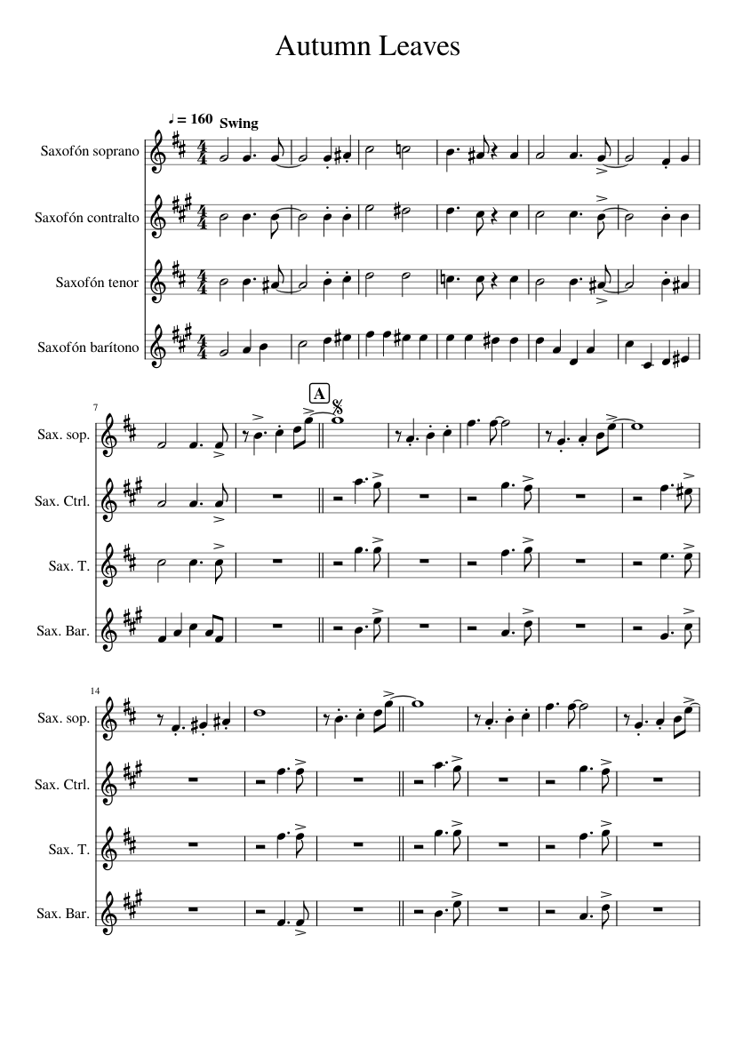 Autumn Leaves Sheet music for Saxophone alto, Saxophone tenor ...