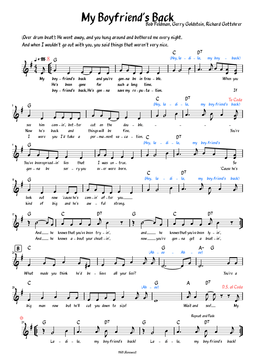 My Boyfriends's Back – (Lead sheet with lyrics ) Sheet music for Piano ...