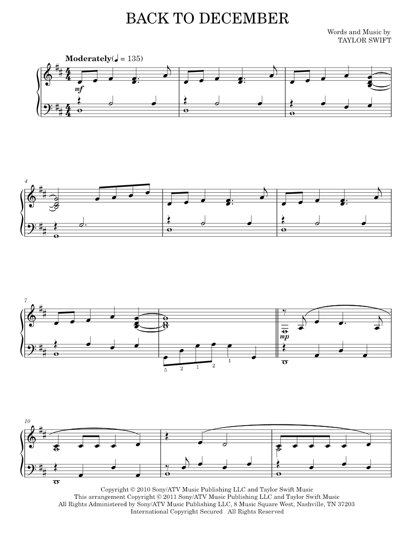 Play Official version of Back to december Sheet Music by Taylor Swift ...