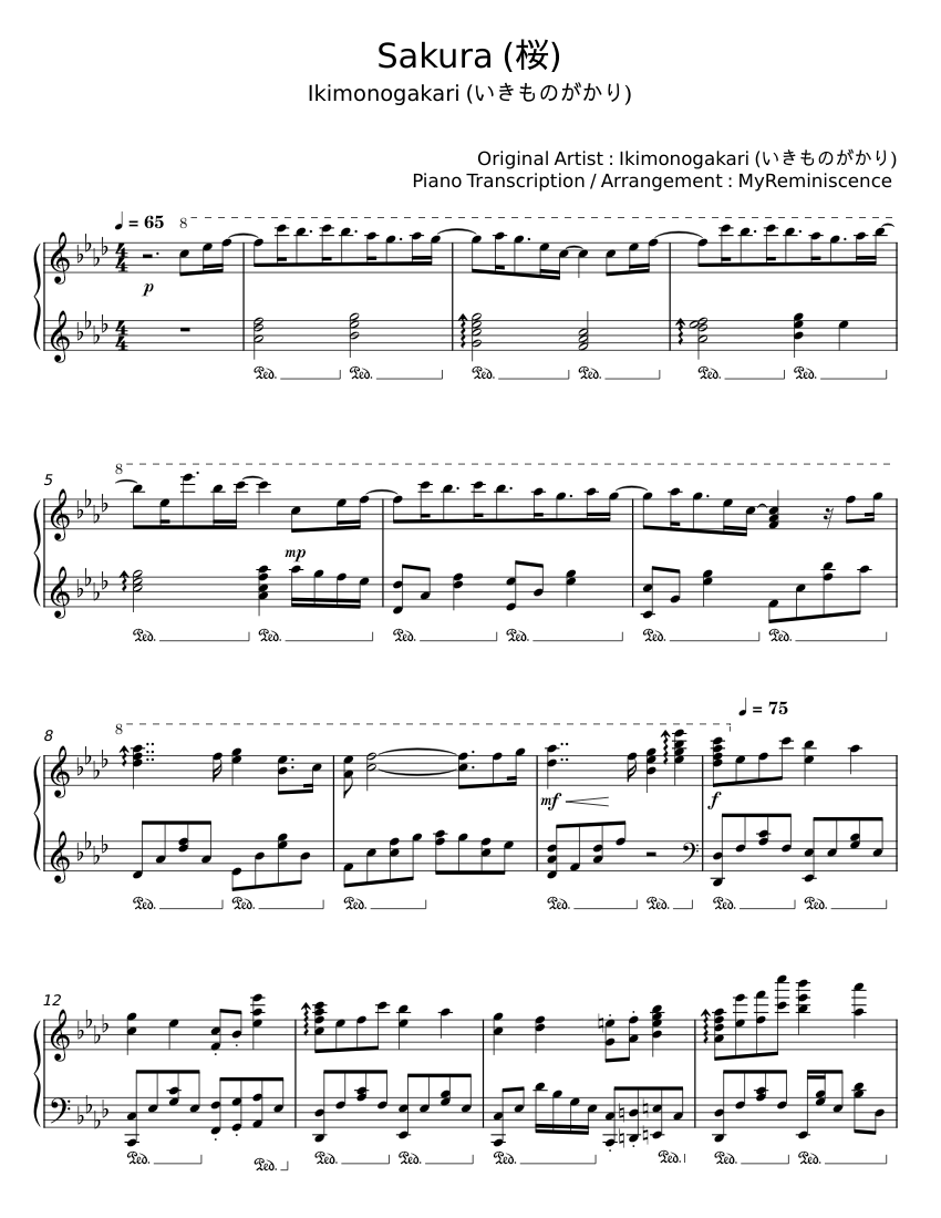 Copy of Sakura - Ikimonogakari Sheet Music for Piano (Solo) | MuseScore.com