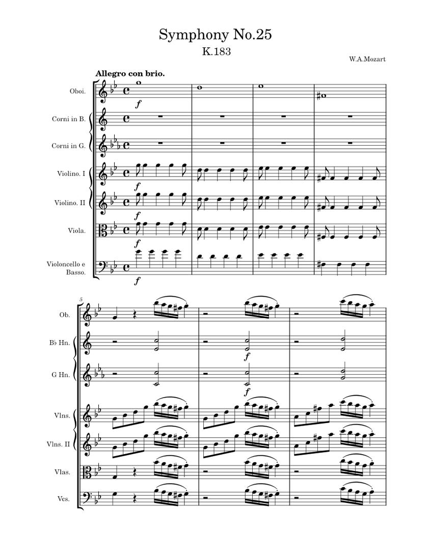 Symphony No.25 in G minor, K.183/173dB – Wolfgang Amadeus Mozart Sheet ...