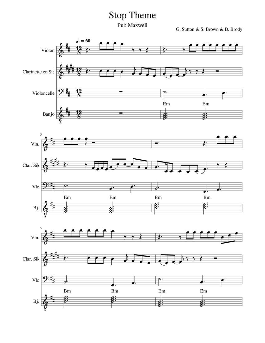 Stop Theme Sheet music for Clarinet in b-flat, Violin, Cello, Banjo ...