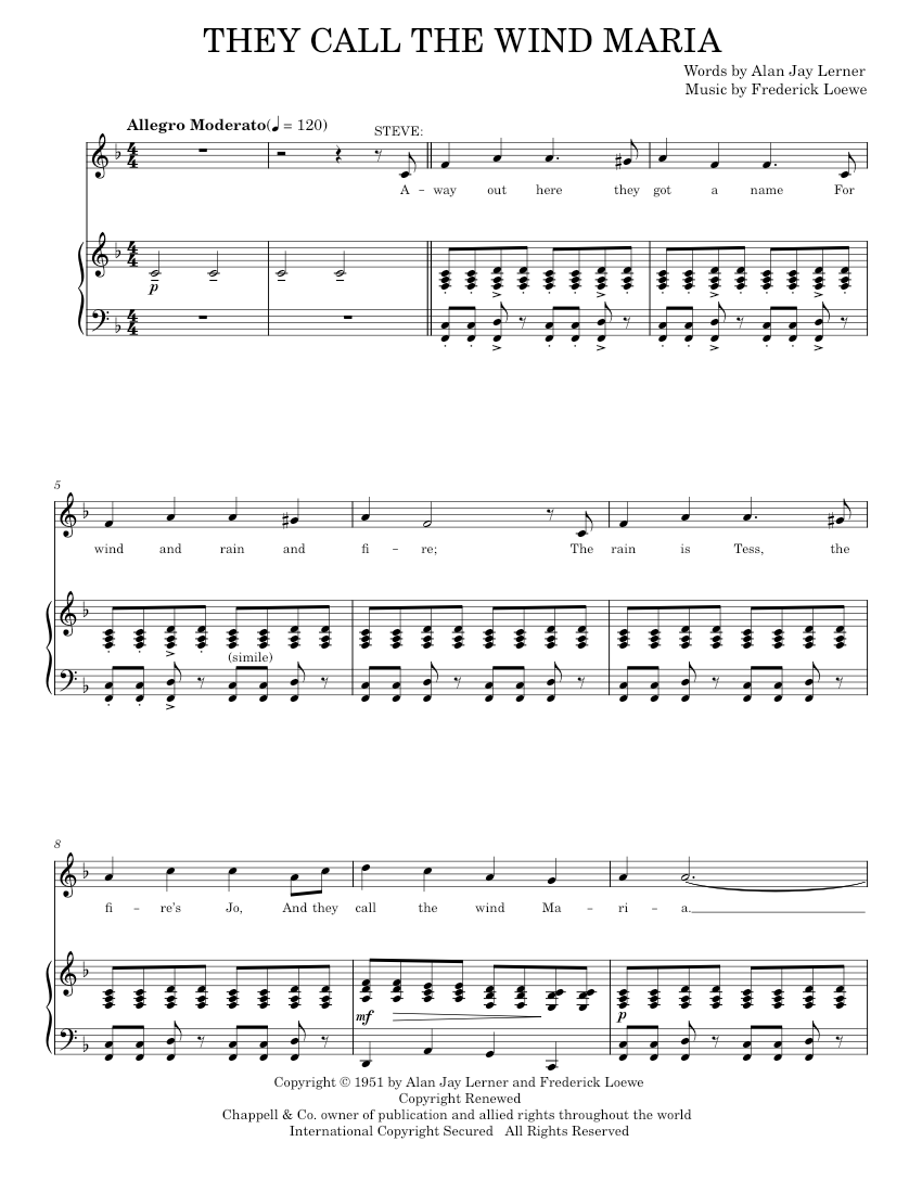 Play Official version of They Call The Wind Maria Sheet Music by Lerner ...