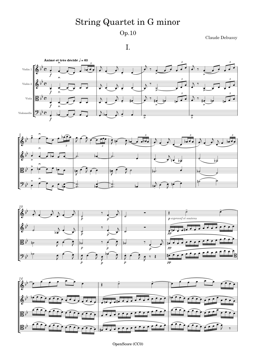 String Quartet in G minor, Op.10 – Claude Debussy Sheet Music for Violin, Viola, Cello (String ...