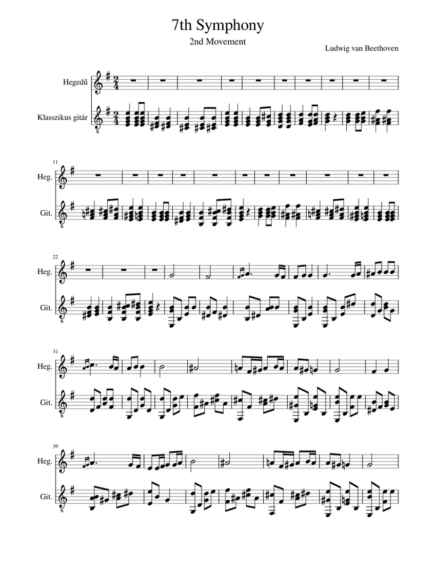 7th Symphony, 2nd Movement Sheet music for Violin, Guitar (Mixed Duet ...