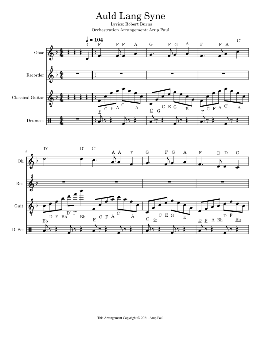 Auld Lang Syne Orchestration V2 Arrangement By Arup Paul Sheet music for Oboe, Guitar, Drum ...